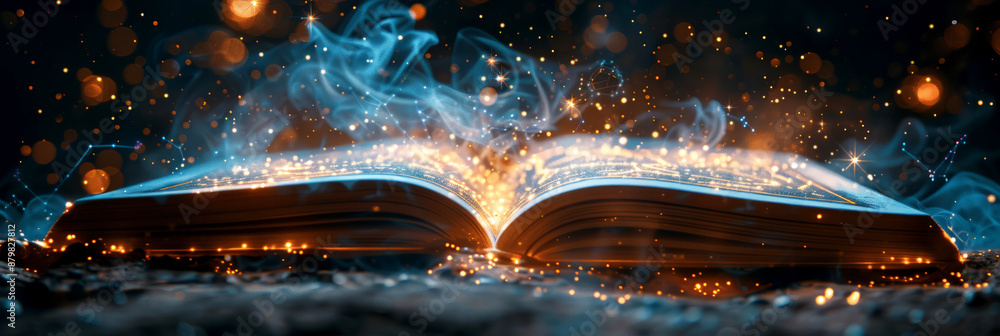 Open magical book emitting glowing lights and blue smoke, perfect for fantasy themes ...