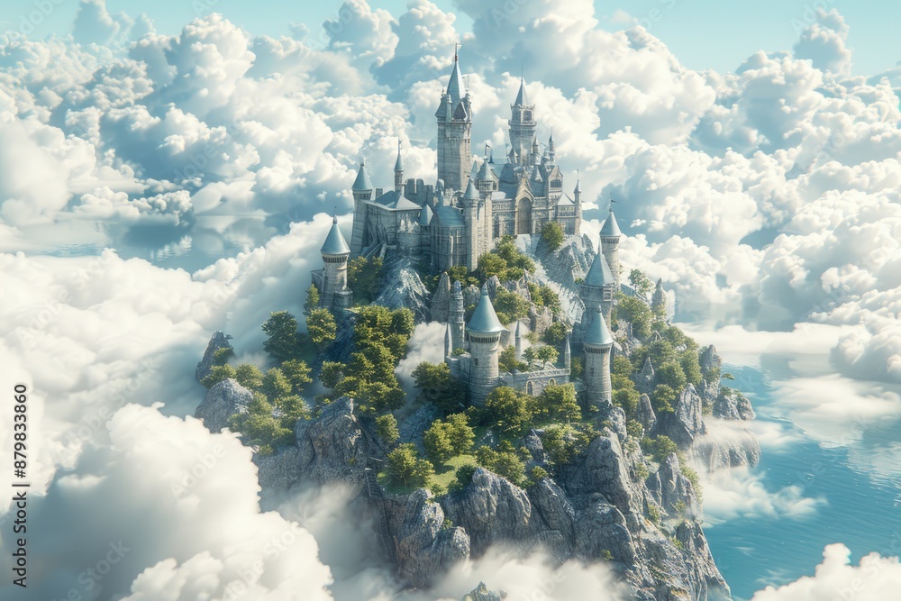 Fantasy World floating islands, castles, mythical creatures,magical ...