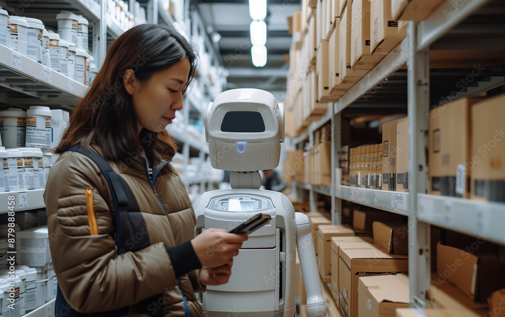 A woman interacting with an AI robot in a warehouse, demonstrating the ...
