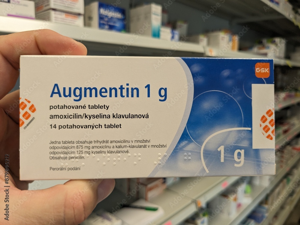 Prague, Czech Republic - July 10 2024: AUGMENTIN box of medication with ...