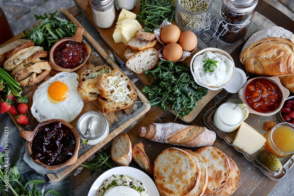 Brunch spread with a variet of dishes pastries. Village Breakfast with ...