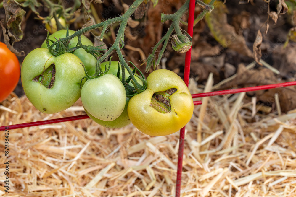 Tomato catfacing on unripe green tomato. Gardening, blemished produce ...