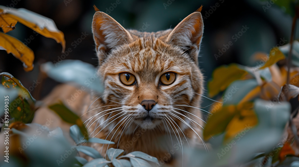 bobcat is nestled among leaves and foliage. The photo captures its ...