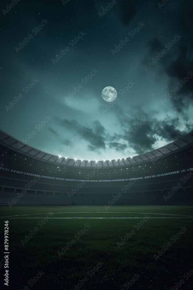 Ethereal night view of a grand football stadium under the moonlight ...