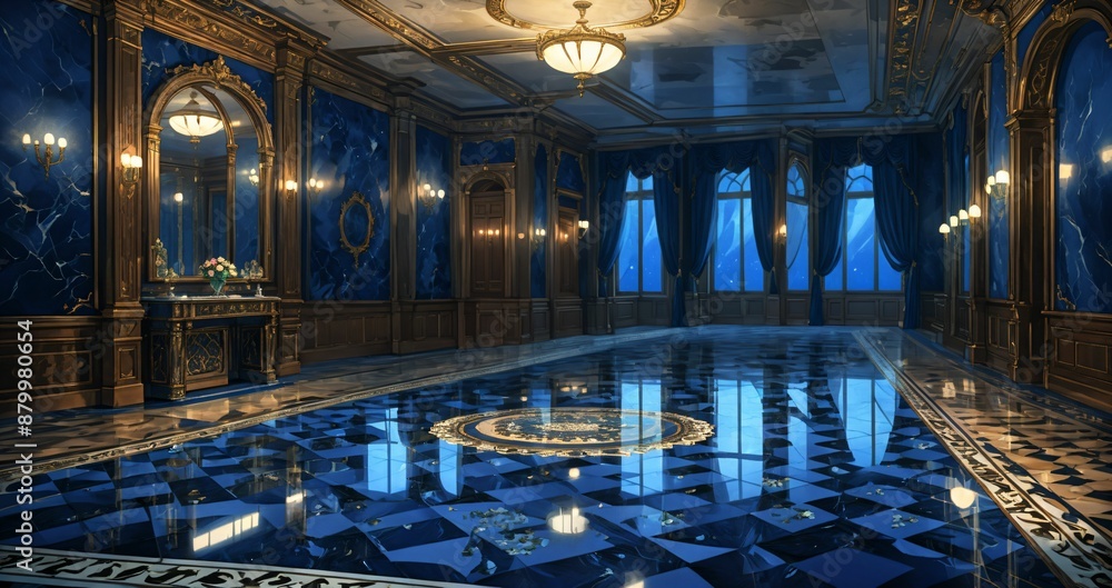 blue lobby room interior of mansion palace hotel building. door walkway ...