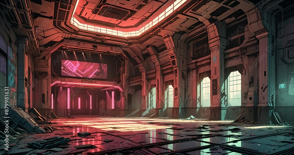 abandoned room interior in cyberpunk sci fi building. dystopian old ...