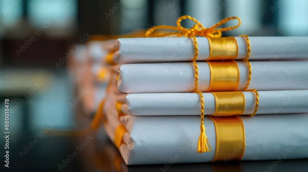 Graduation Diplomas Stacked with Gold Ribbon, Team Achievement ...