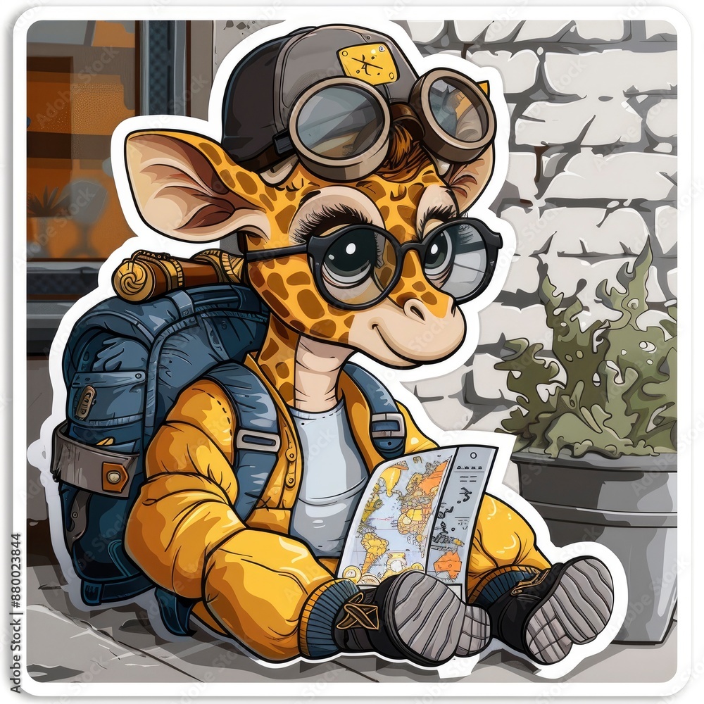 cartoon giraffe with explorer hat and map sticker, white background ...
