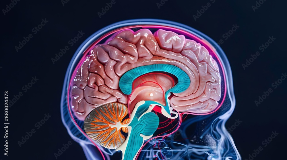 Detailed cross section anatomical illustration of the human brain ...
