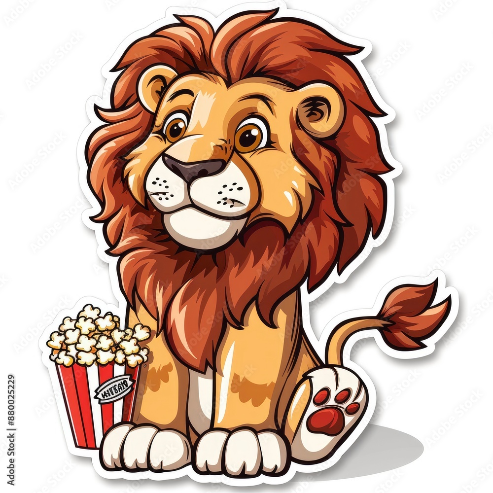 cartoon lion with popcorn and movie ticket sticker, white background ...