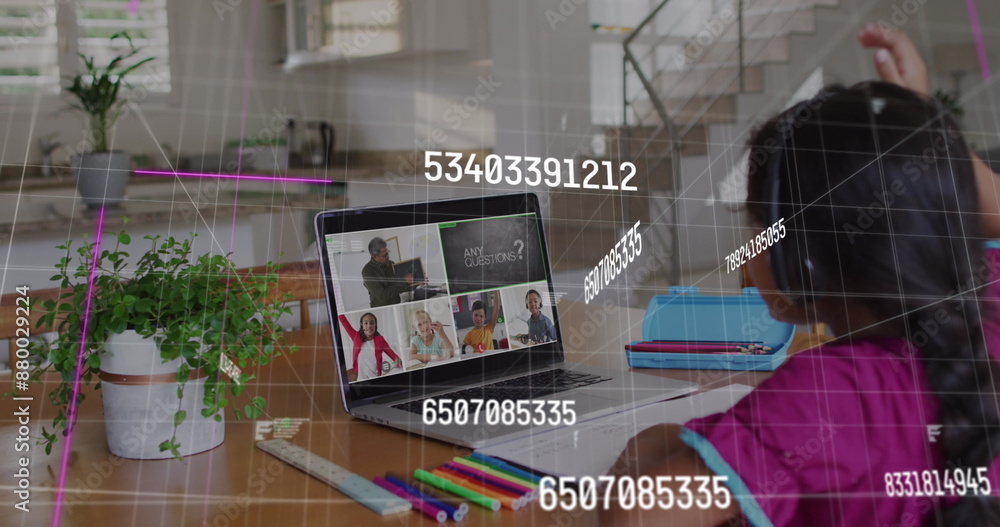 Image of multiple changing numbers, letters over diverse students group ...