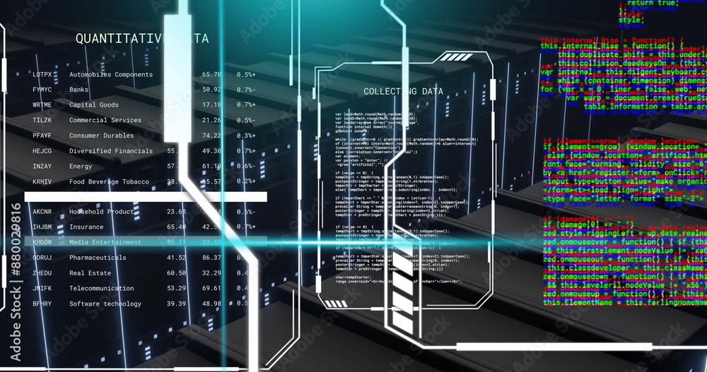 Image of blue scanner beams and text data files processing over dark computer server room Stock ...