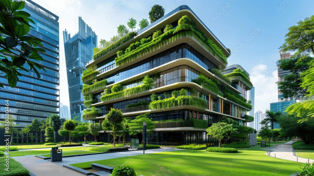 Modern green building with lush vertical gardens set against a blue sky ...