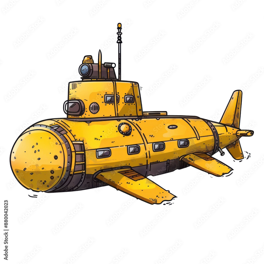 Cartoon yellow submarine with portholes and antennas, isolated on white ...