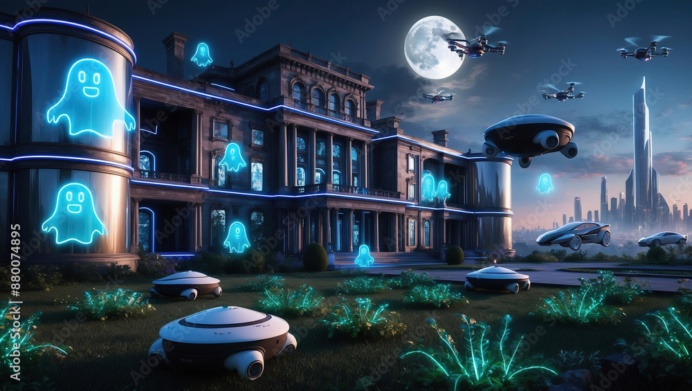 Futuristic mansion with neon ghost decorations, flying cars, drones ...