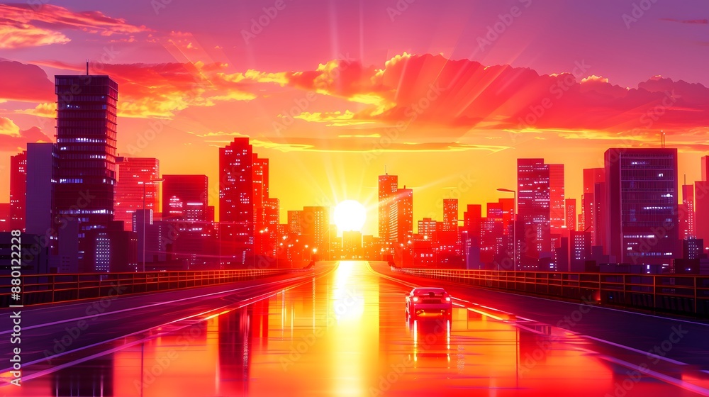 Vibrant Anime Cityscape: Sunset Glow and Bustling Urban Life with ...