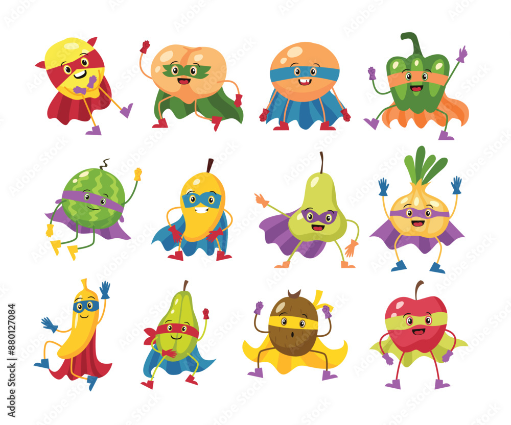 Set of superhero fruit collection, Cartoon fruit superhero and defender ...