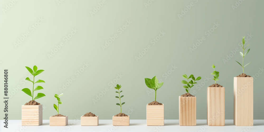 Growth stages of plants in wooden pots against a green background ...
