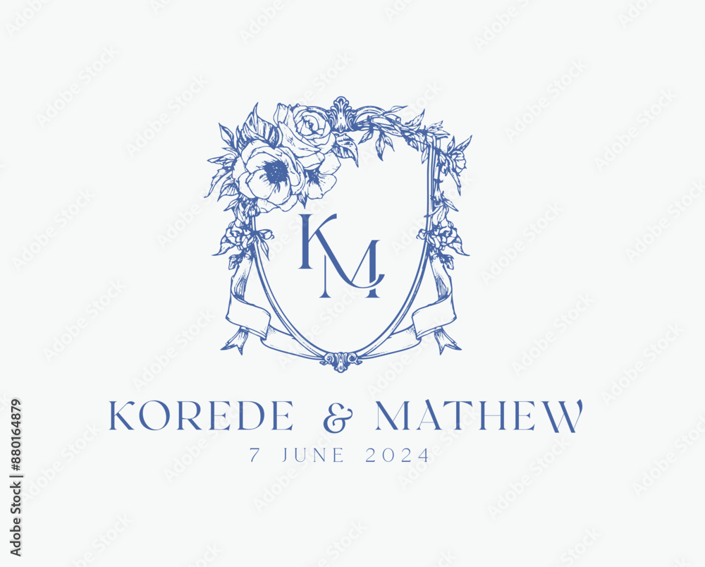 Wedding logo crests vector design royal style blue color illustration ...