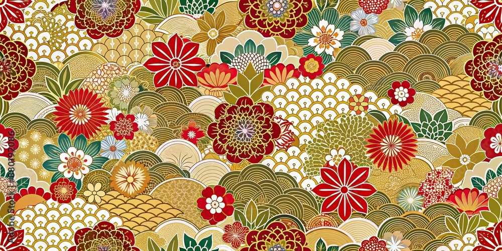Traditional Japanese seamless pattern featuring intricate designs and ...