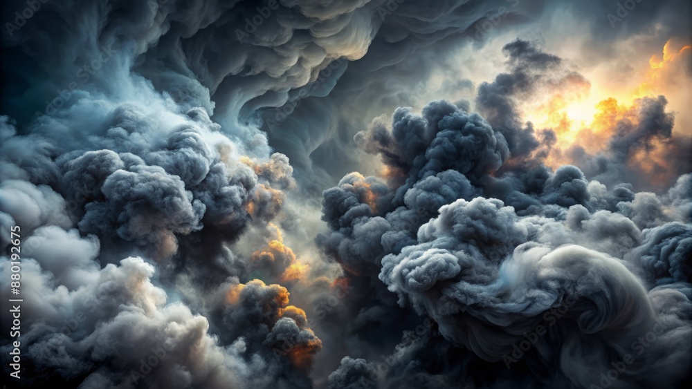 Dark mystique atmosphere unfolds as gray smoke clouds swirl ominously ...