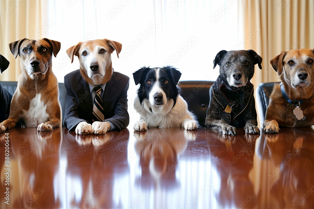 Humorous scene of dogs in business suits sitting around a conference ...