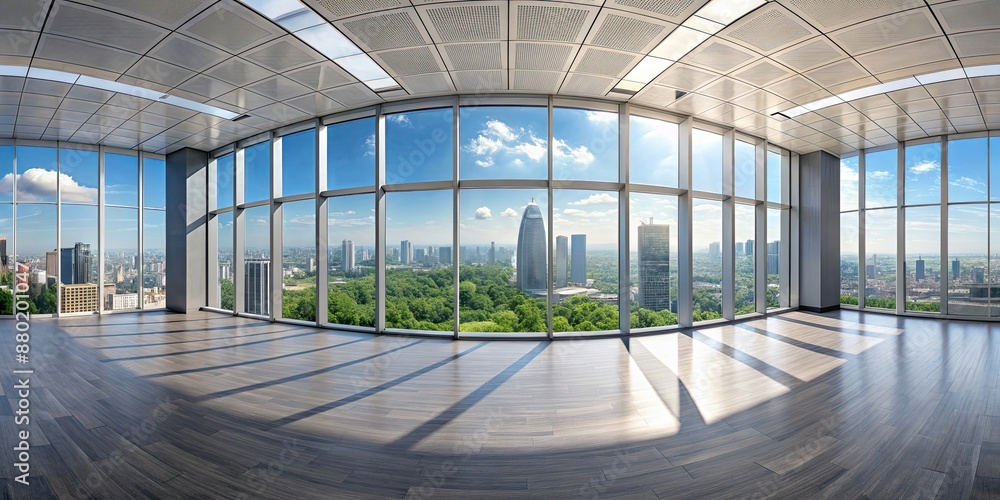 Virtual background of modern office with panoramic windows, virtual ...