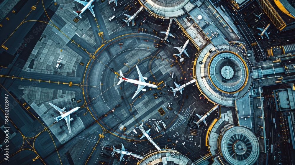 An aerial view of a busy international airport with multiple airplanes taxiing, taking off, and ...