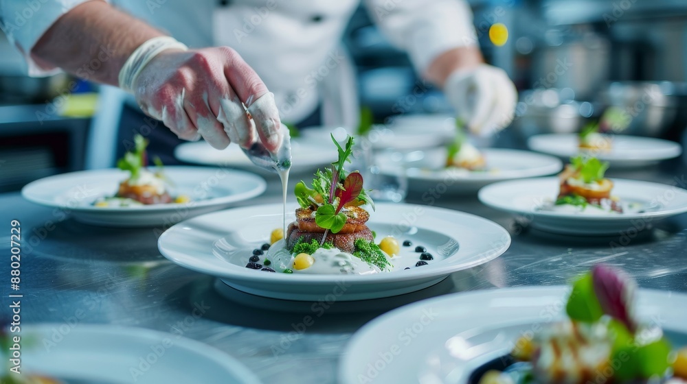 Chef creating a blue-themed gourmet masterpiece, intricate plating ...