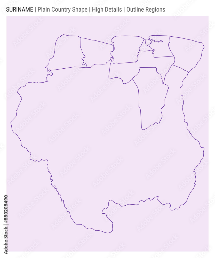Suriname plain country map. High Details. Outline Regions style. Shape ...