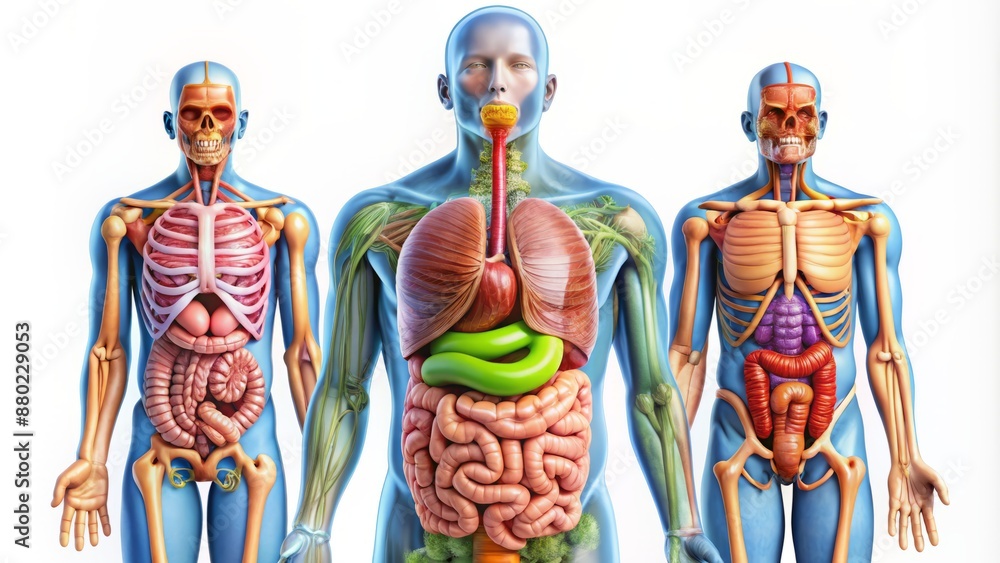 Colorful illustration of human digestive system organs including ...