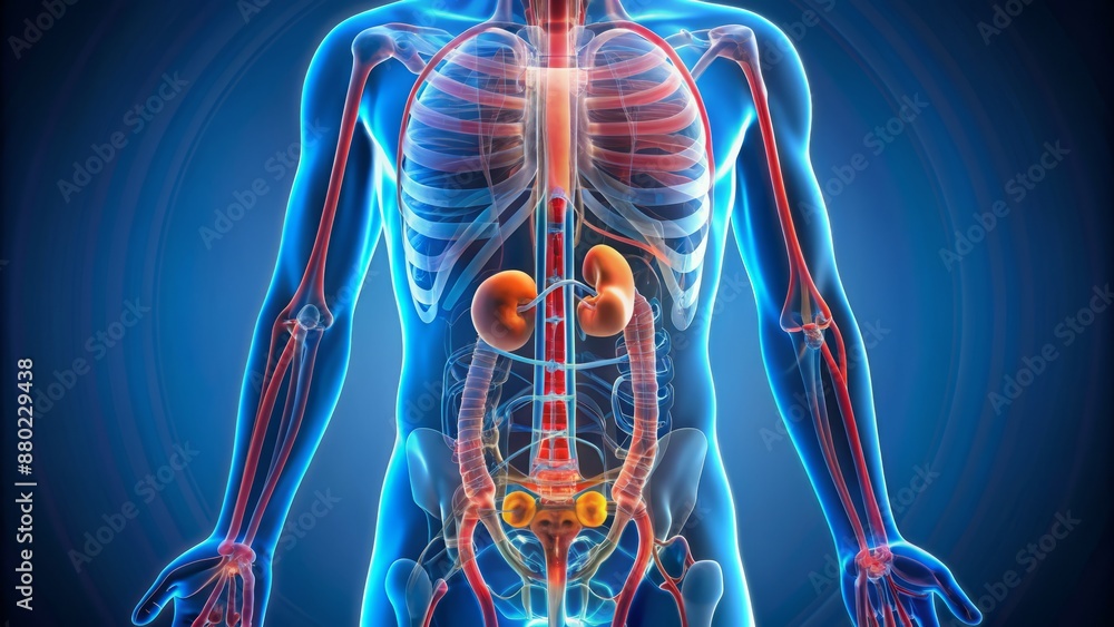 Realistic 3D illustration of human urinary system anatomy including ...