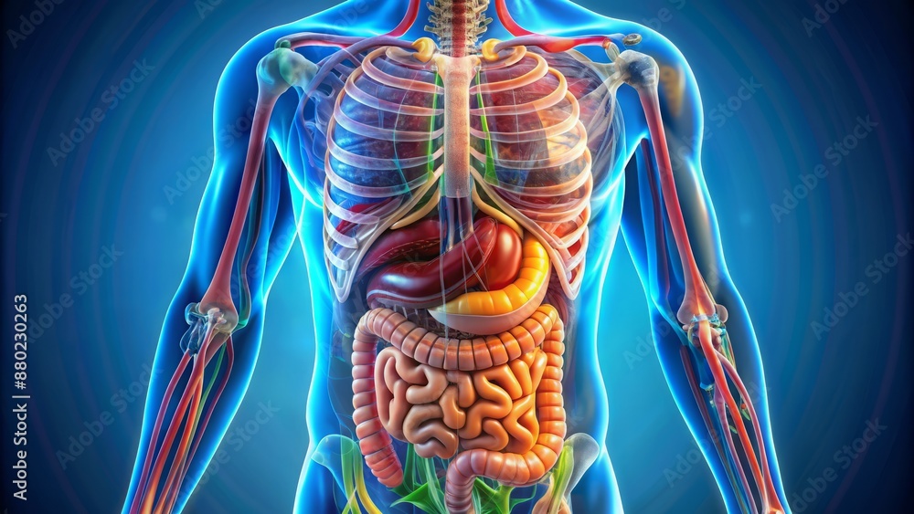 Colorful anatomical illustration of the human digestive system ...