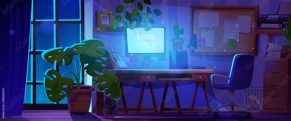 Desk for remote work at home in domestic room interior at night. Dark ...