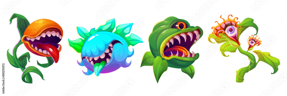Scary monster plants with fantasy flower head with eyes, mouth and ...
