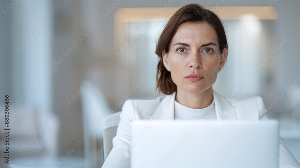 Side view of a woman in business attire, visibly fatigued and stressed ...