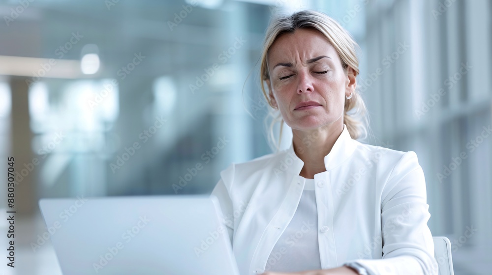 Woman in office attire with a strained expression, soft-focus ...