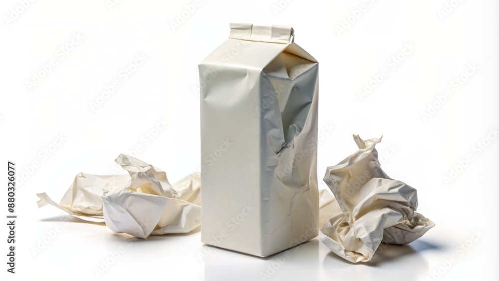 -empty, crumpled, and discarded milk carton lies isolated on a pristine ...
