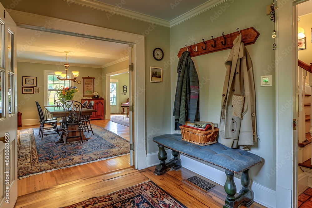 Warm and welcoming foyer of a suburban home with a vintage bench and ...