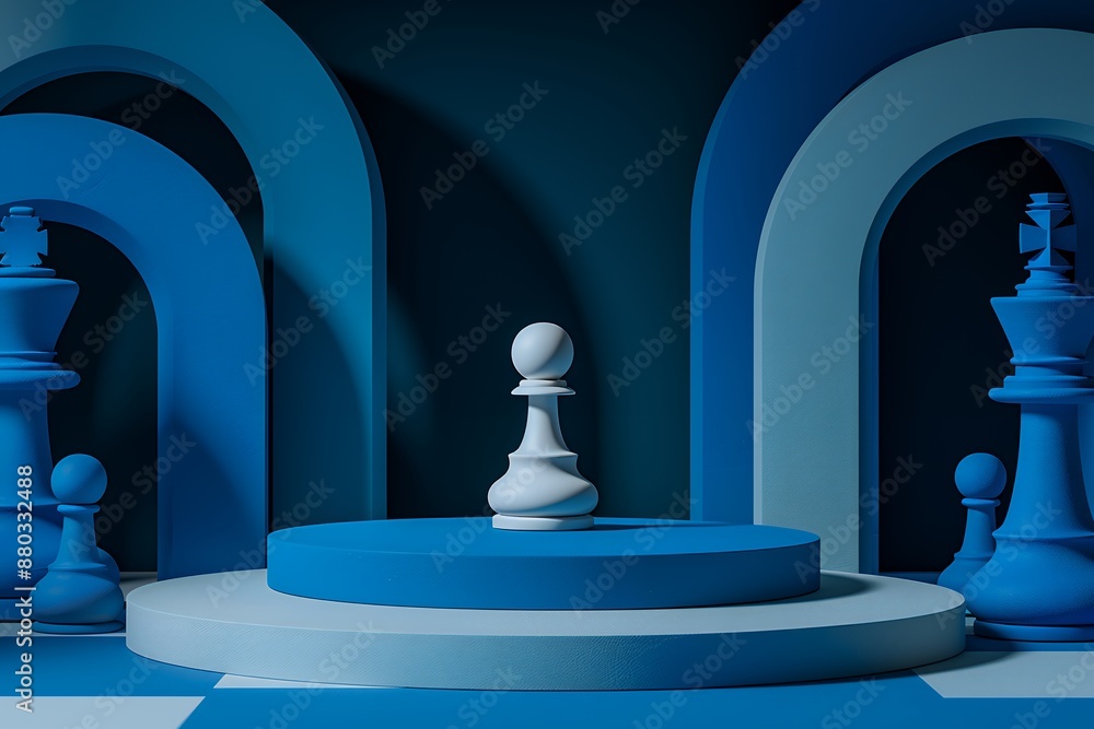 Minimalist stage design with white chess pawns and blue arches on dark ...