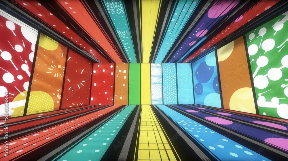 A lively comic book abstract artwork with an array of colorful panels ...