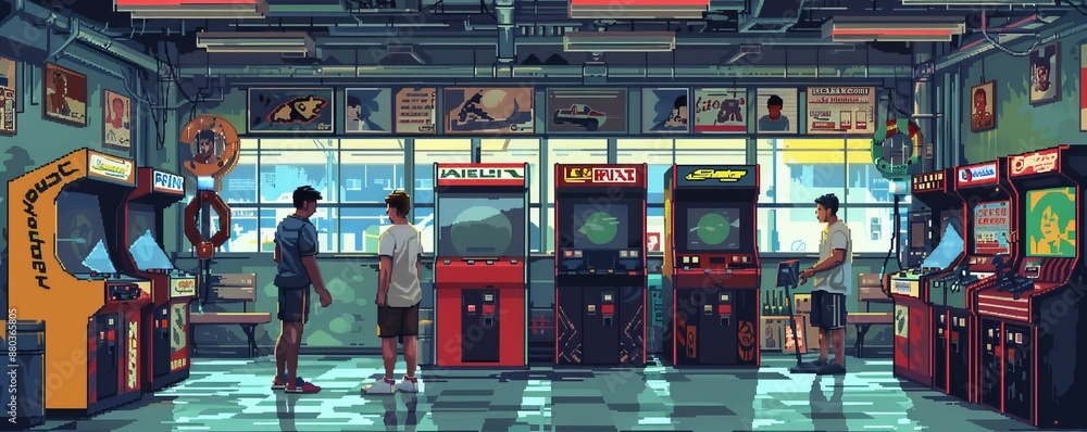 A pixel art rendition of a pixelated arcade scene, with pixelated ...
