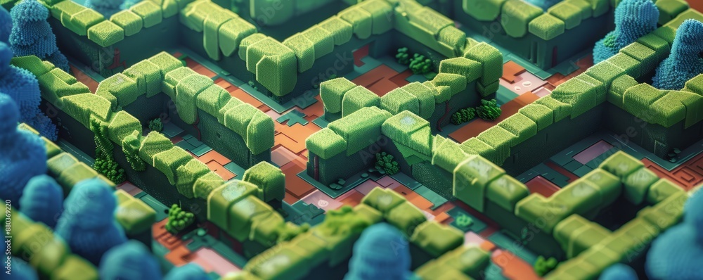 A pixel art rendition of a pixelated maze with winding paths and hidden ...