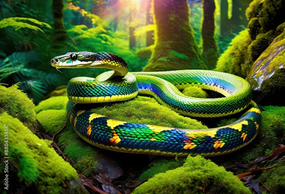 sinuous snake gliding over moss covered boulders, reptile, rock ...