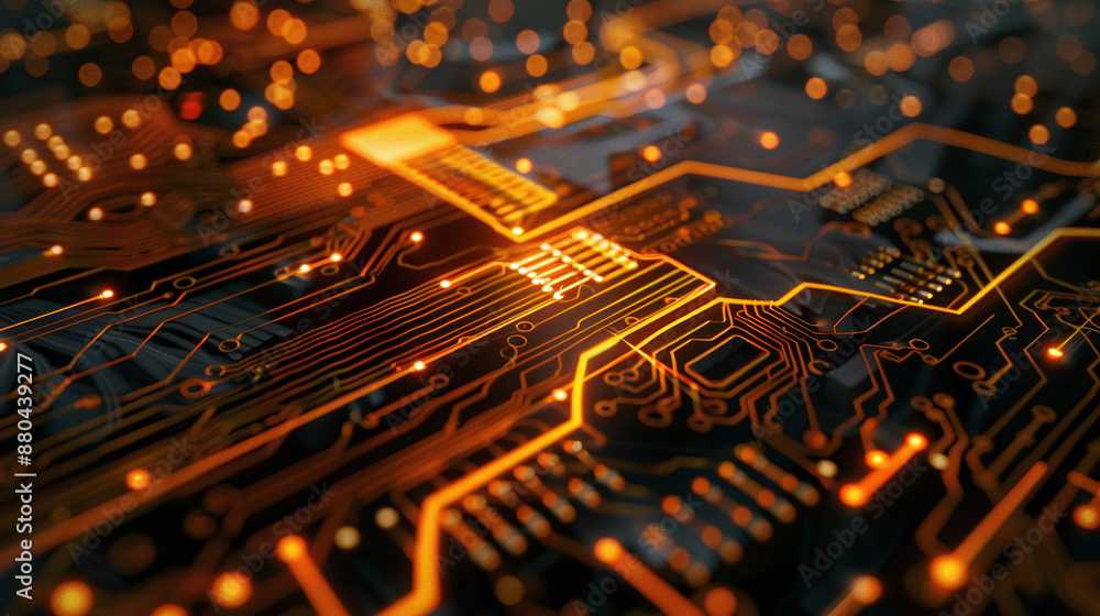 Graphic image of an electronic circuit board in a computer with golden sparkles. Ai generate ...