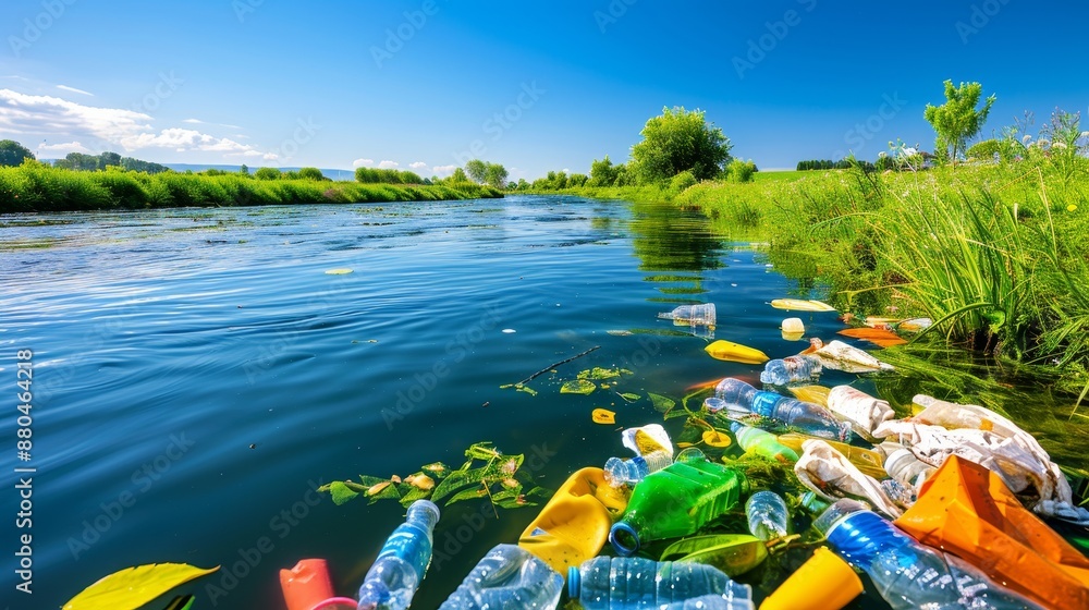 plastic pollution in river, environmental concern, nature degradation ...