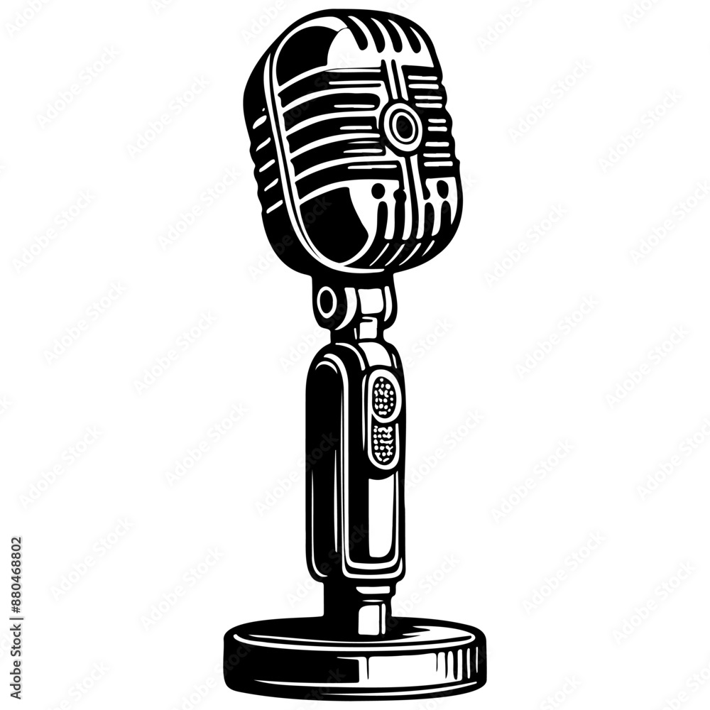 Black cartoon microphone drawing, vintage line illustration, vector ...