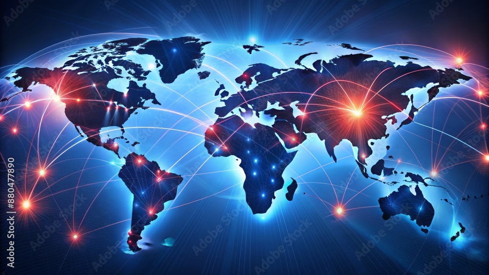 Global technology hubs illuminated on a dark blue world map with ...