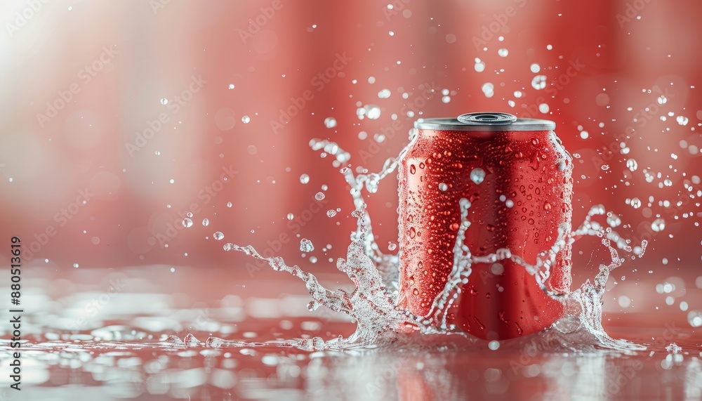 Red aluminum can with condensation splashing into water, juice, or beer ...