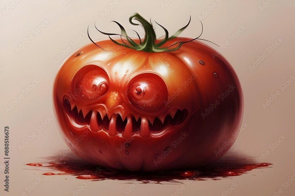 an illustration of a demonically possessed tomato, food, evil, Fiery ...